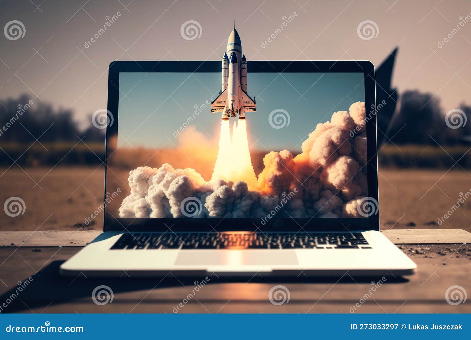 Space Rocket Taking Off from Laptop Screen. Computer Speed Up and ...