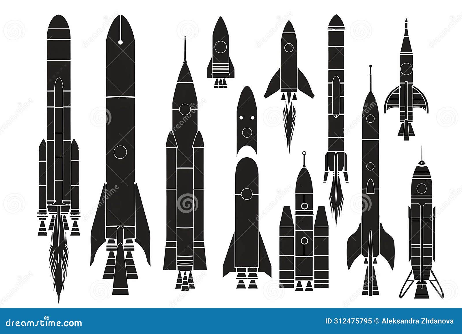 Space Rockets in Black and White Illustration Vector Set Stock ...