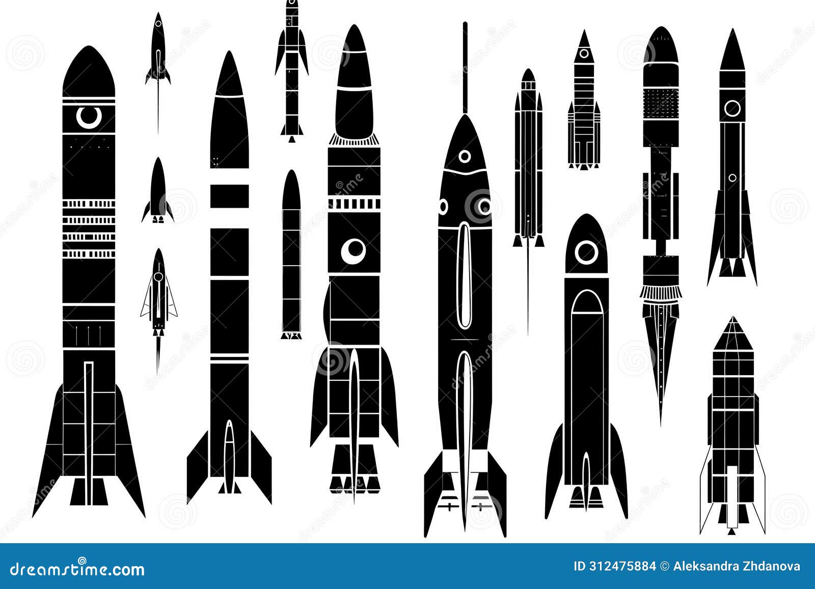 Space Rockets in Black and White Illustration Vector Set Stock ...