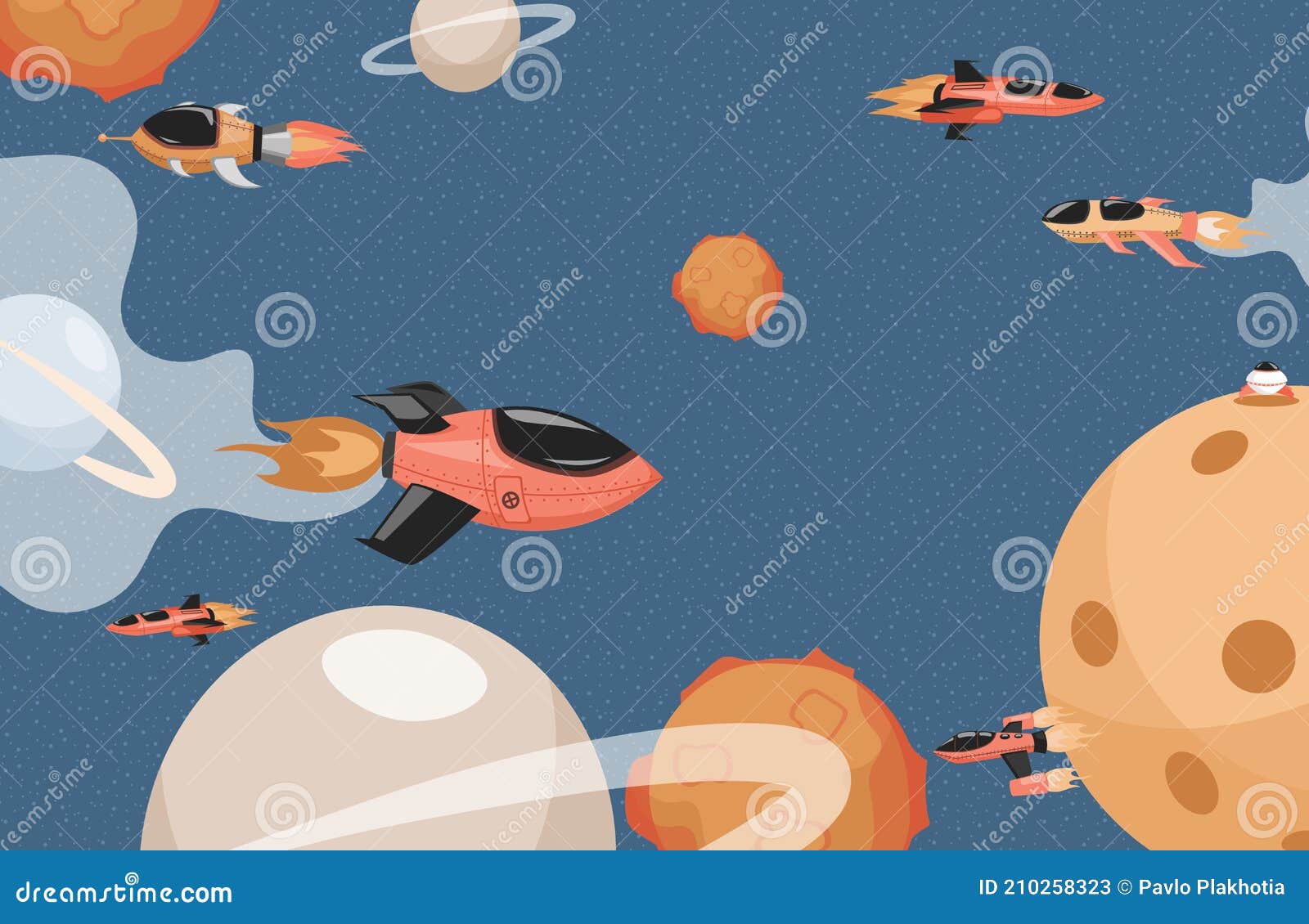 Space Rockets Flying In Cosmos Vector Flat Illustration. Spaceships In ...