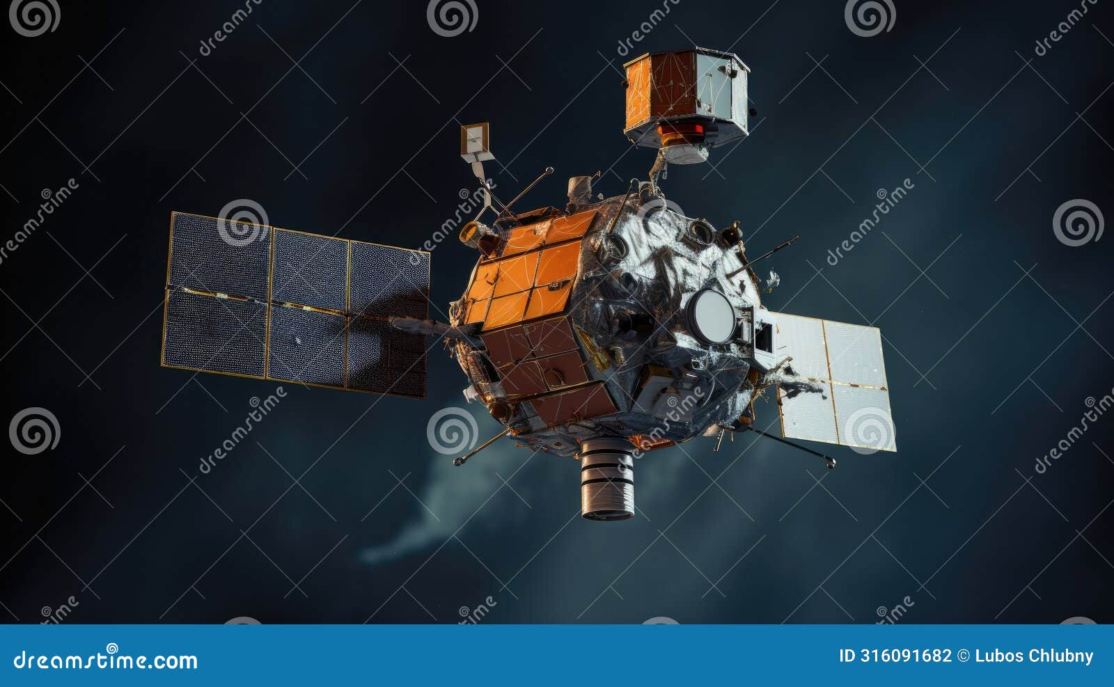 Space Satellite with Antenna and Solar Panels in Space Against the ...