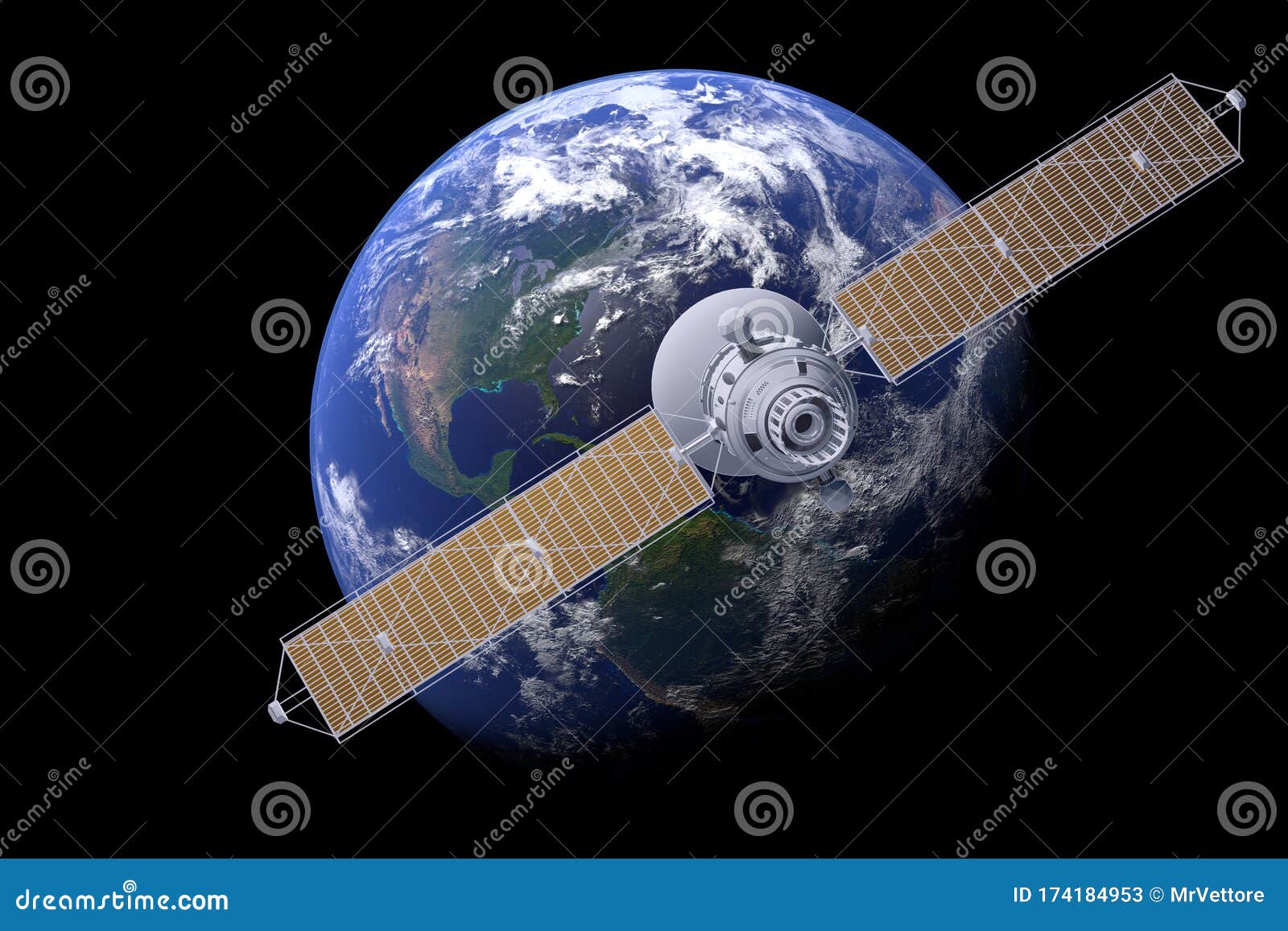 Space Satellite Communication in Orbit Around Earth Globe. Elements of ...