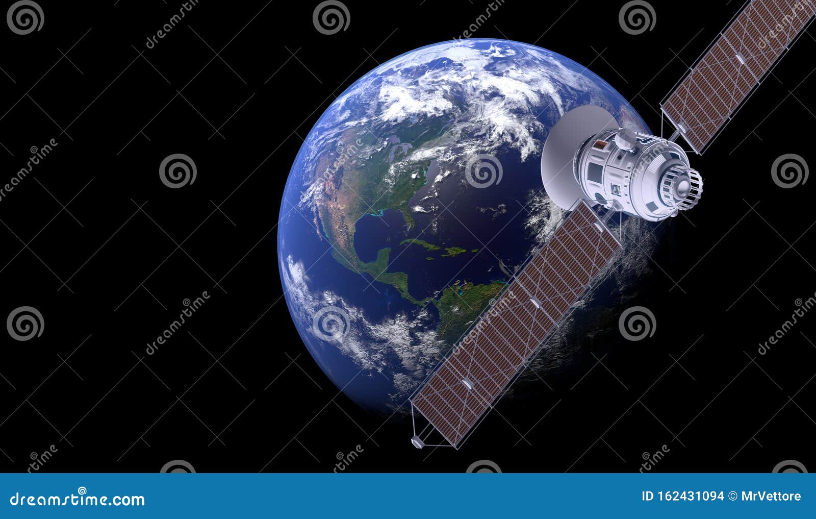 Space Satellite Communication in Orbit Around Earth Globe. 3d Render ...