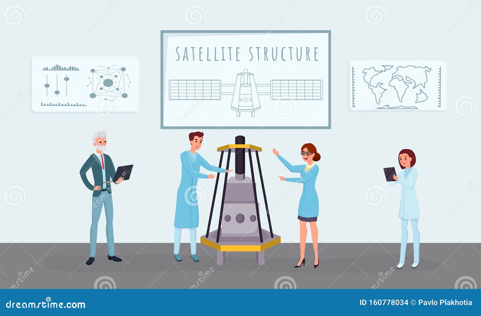 Space Satellite Construction Flat Vector Illustrations. Professional ...