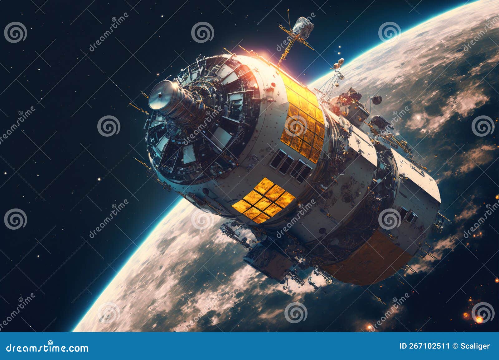 Space Satellite on Earth Orbit, Spacecraft with Solar Panels ...