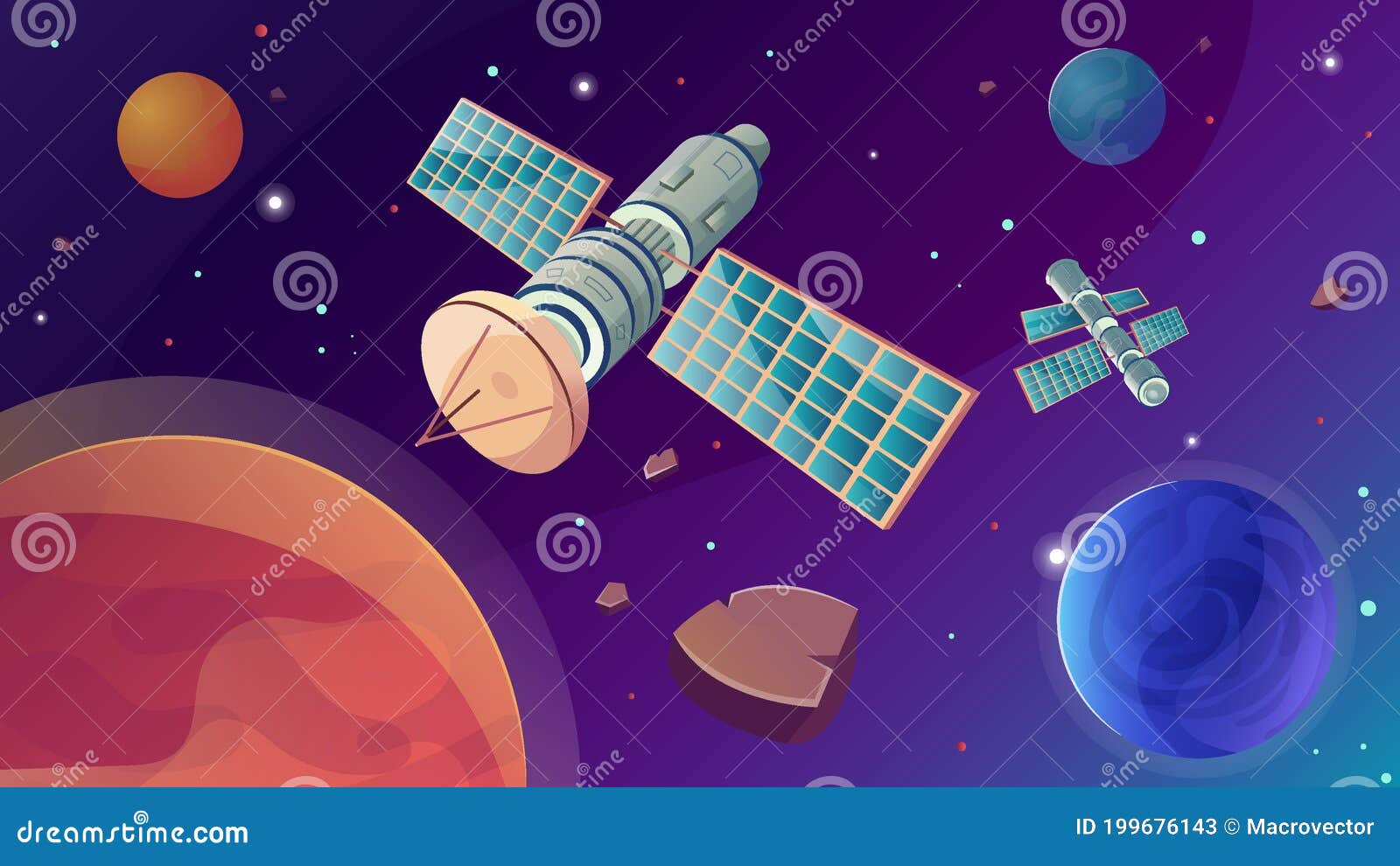 Space Satellite Flat Composition Stock Illustration - Illustration of ...