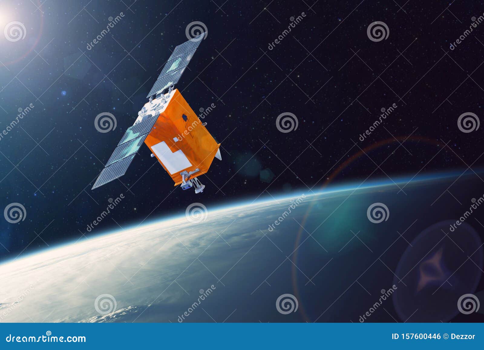 Space Satellite Orbiting Earth Low Polar Orbit. Bright Light from the ...