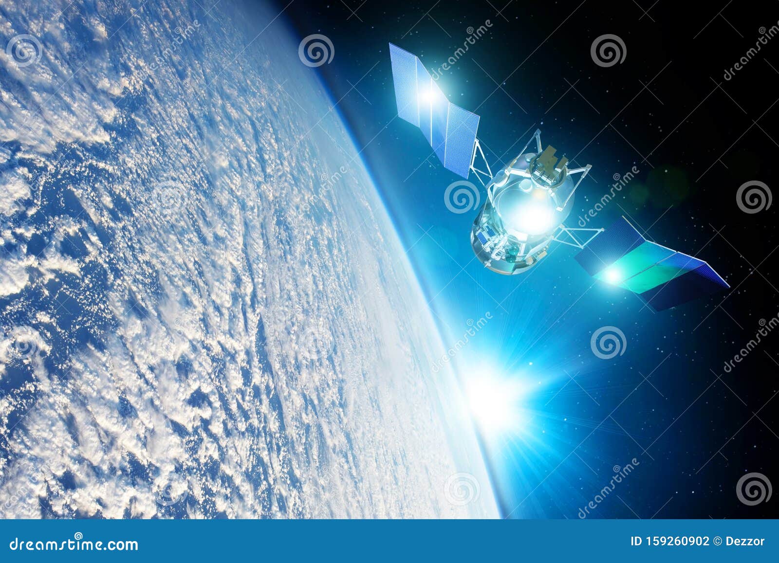 Space Satellite Orbiting the Earth during Sunset and Bright Rays Lights ...