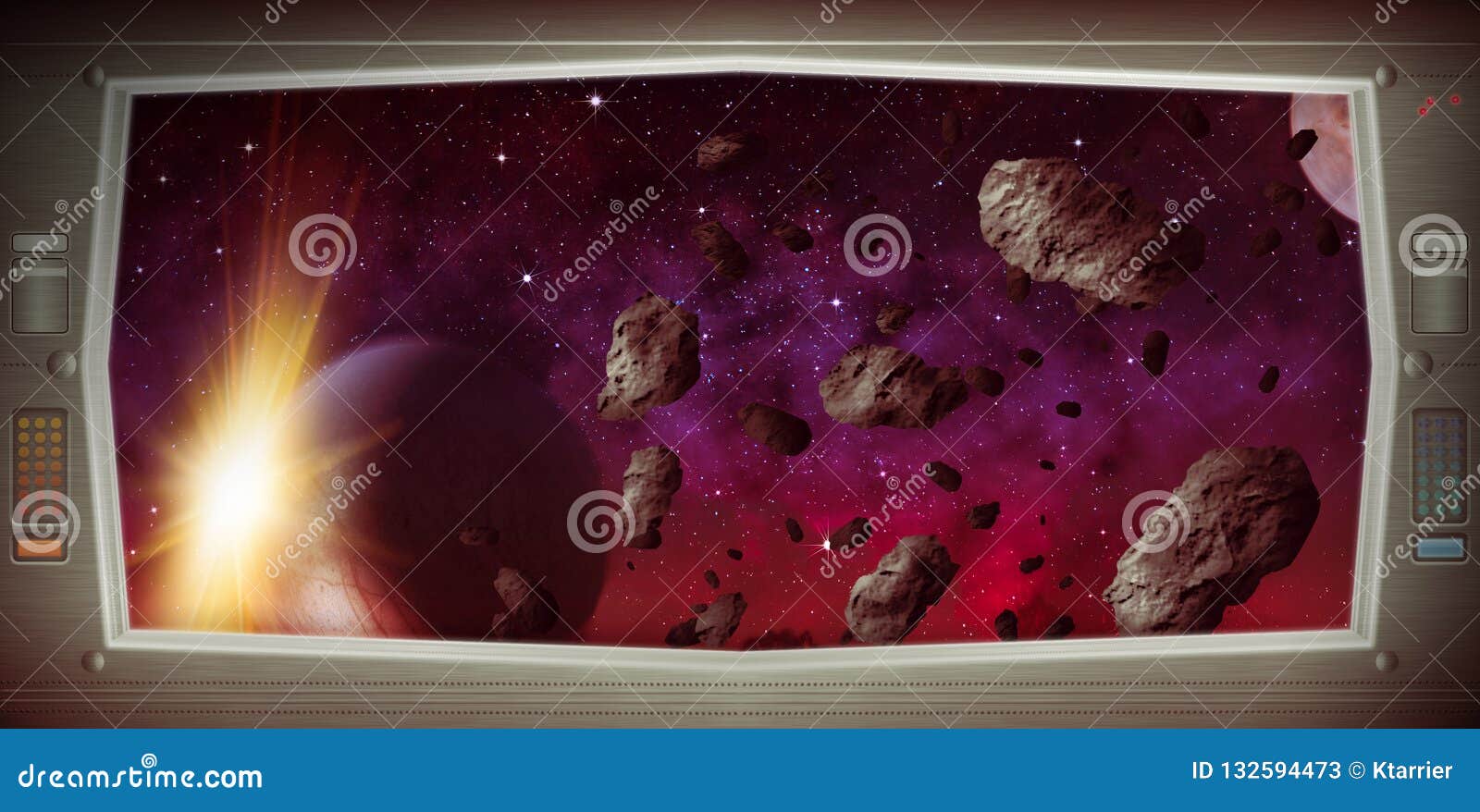 Space Scene with Asteroids from Window View Stock Illustration ...