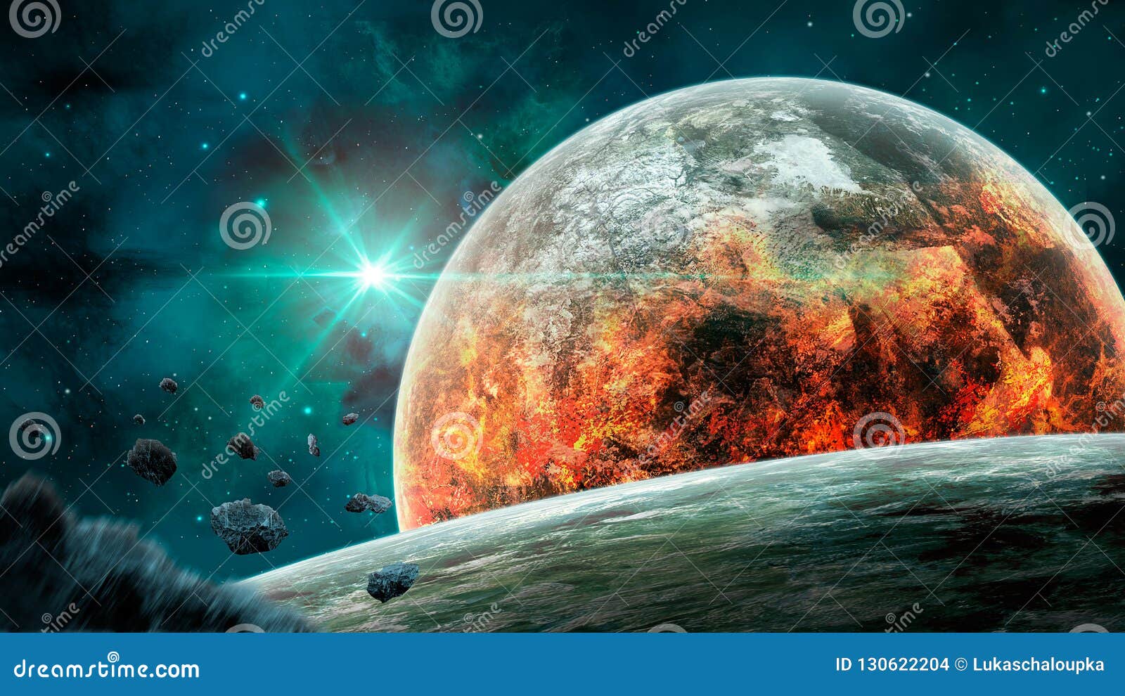 Space Scene. Blue Nebula with Planet in Fire and Asteroids Stock ...