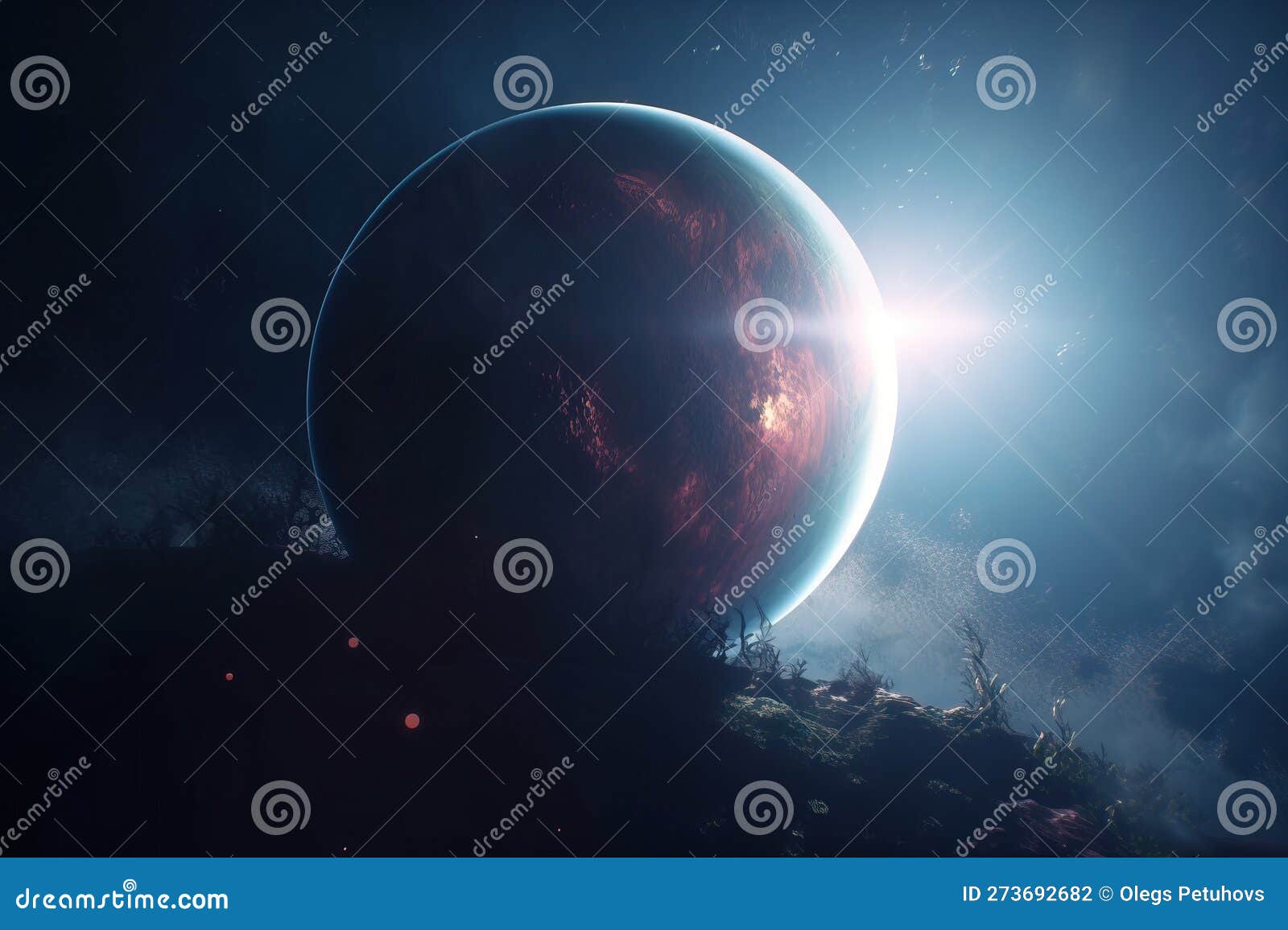 A Space Scene with a Distant Planet in the Distance and a Bright Light ...