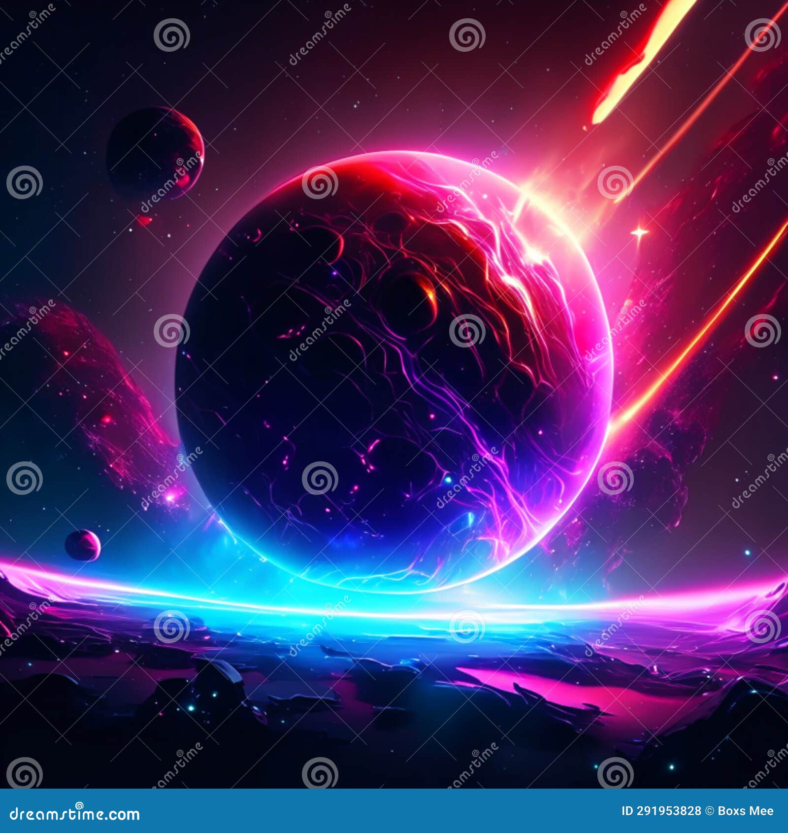 Space Scene with Planets and Neon Lights. 3d Vector Illustration Stock ...
