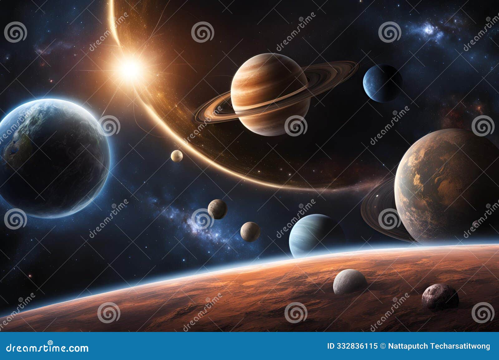 Space Scene with Planets, Stars and Galaxies Stock Illustration ...
