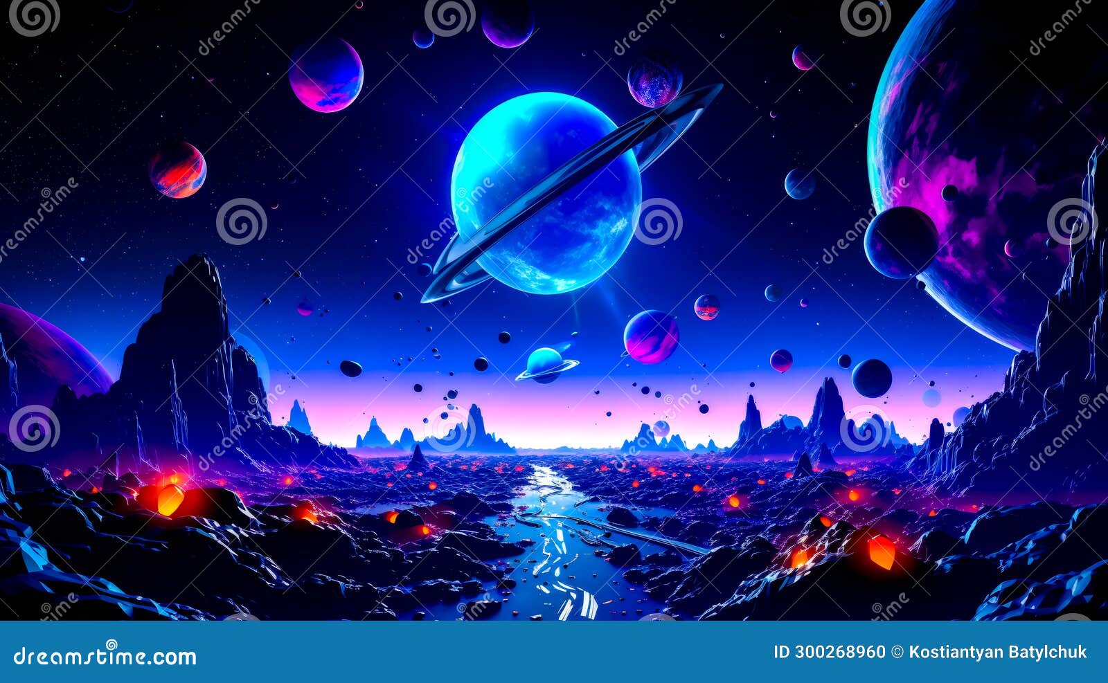 Space Scene with Planets and Stream of Water in the Foreground ...