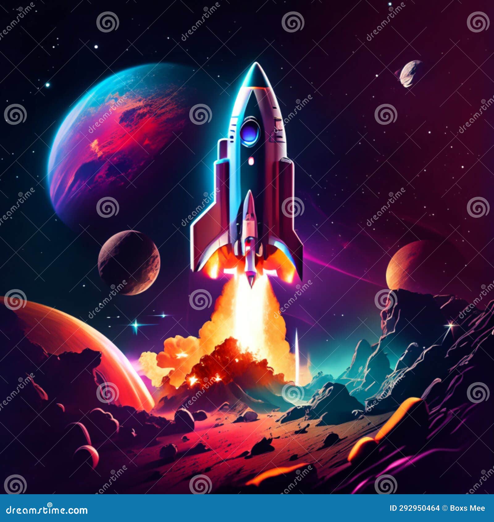 Space Scene with Rocket, Planets and Stars. Vector Illustration in ...