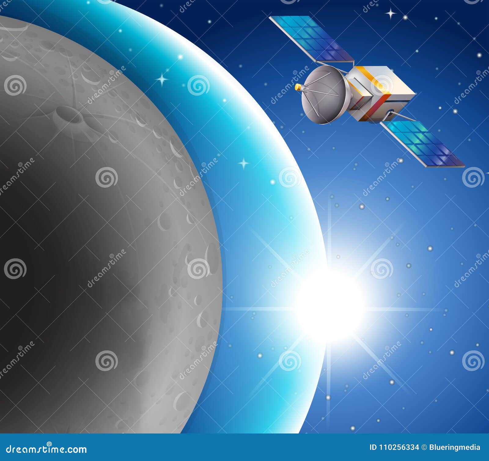Space Scene with Satellite and Blue Planet Stock Vector - Illustration ...
