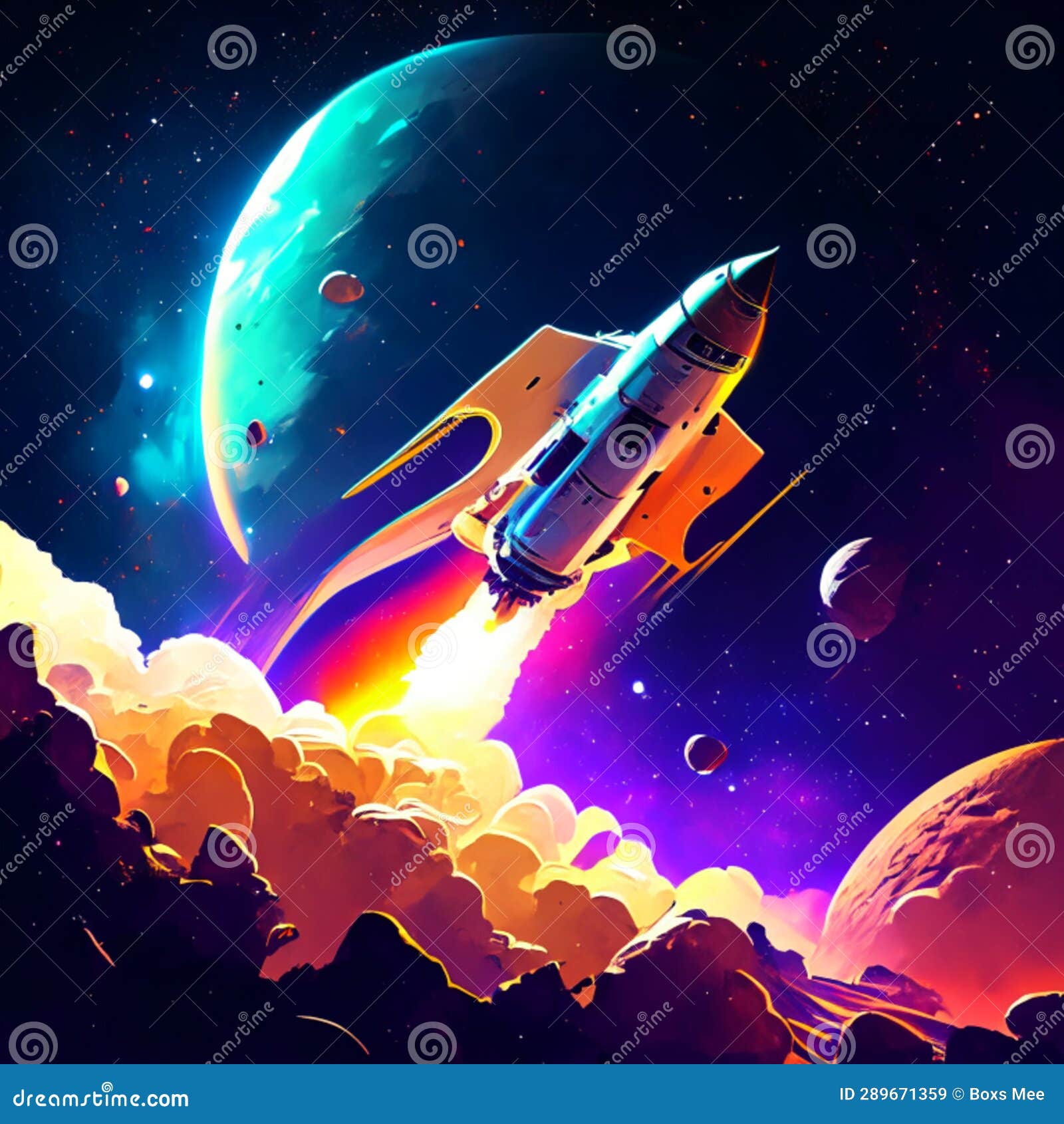 Space Scene with Spaceship and Planets, 3d Rendering. Computer Digital ...