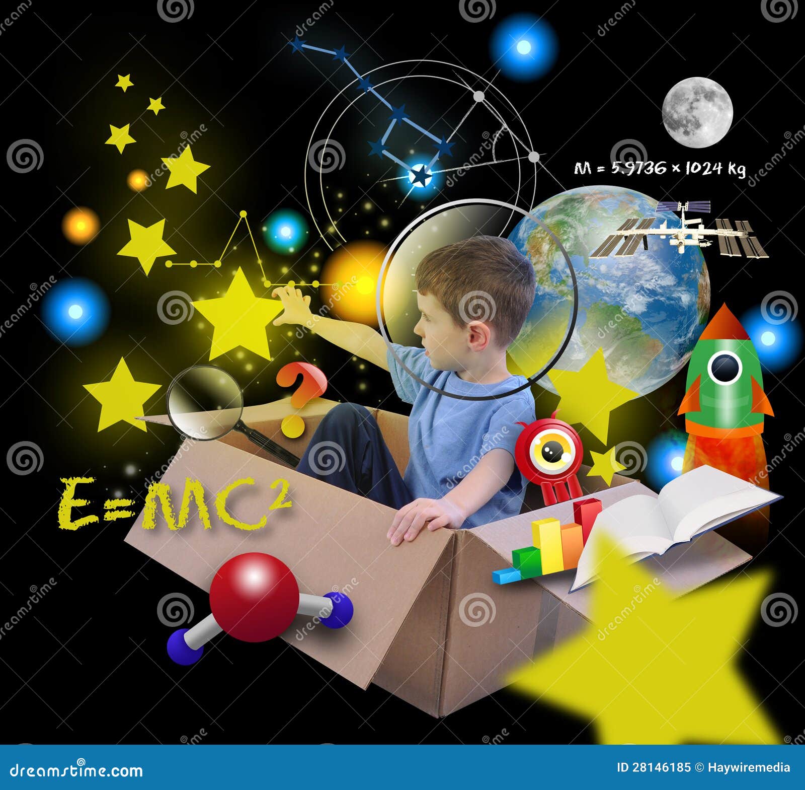 Space Science Boy in Box with Stars on Black Stock Image - Image of ...