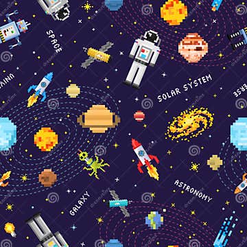Space Seamless Pattern Background, Alien Spaceman, Robot Rocket and ...