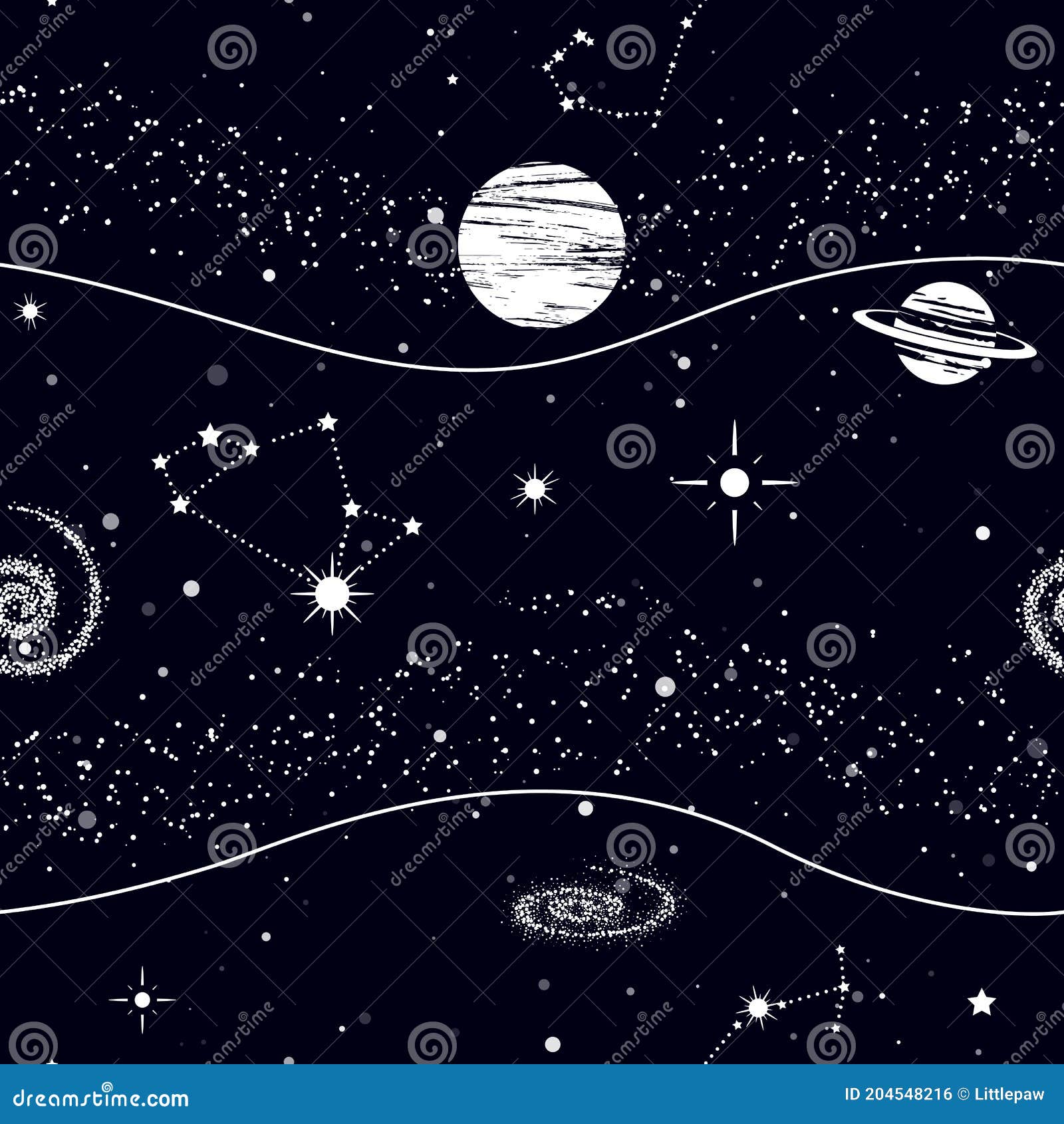 Space Seamless Pattern, Beautiful Galaxy, Stars, Planets ...