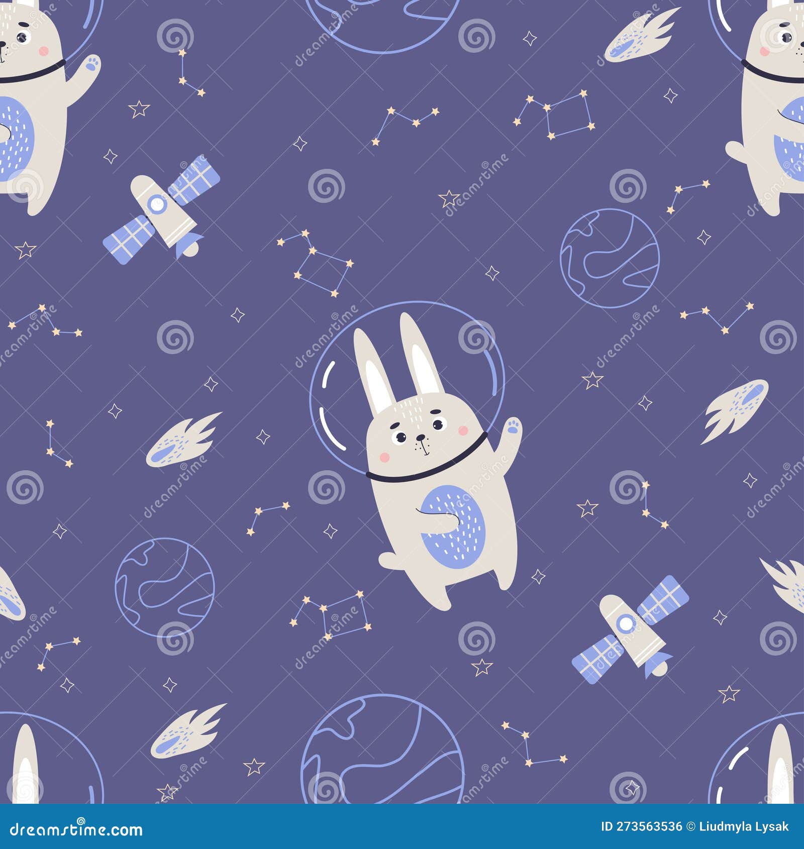 Space Seamless Pattern. Cute Astronaut Rabbit with Planets, Stars and ...