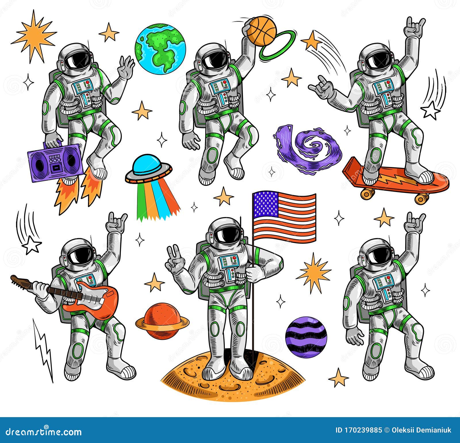 Space Set Bundle Engraving Collection Stock Vector - Illustration of ...