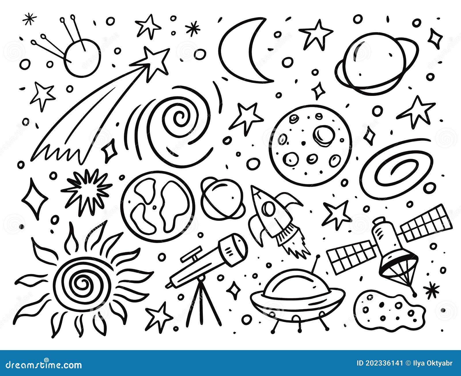 Space Set Elements. Doodle Style Vector Illustration Stock Illustration ...