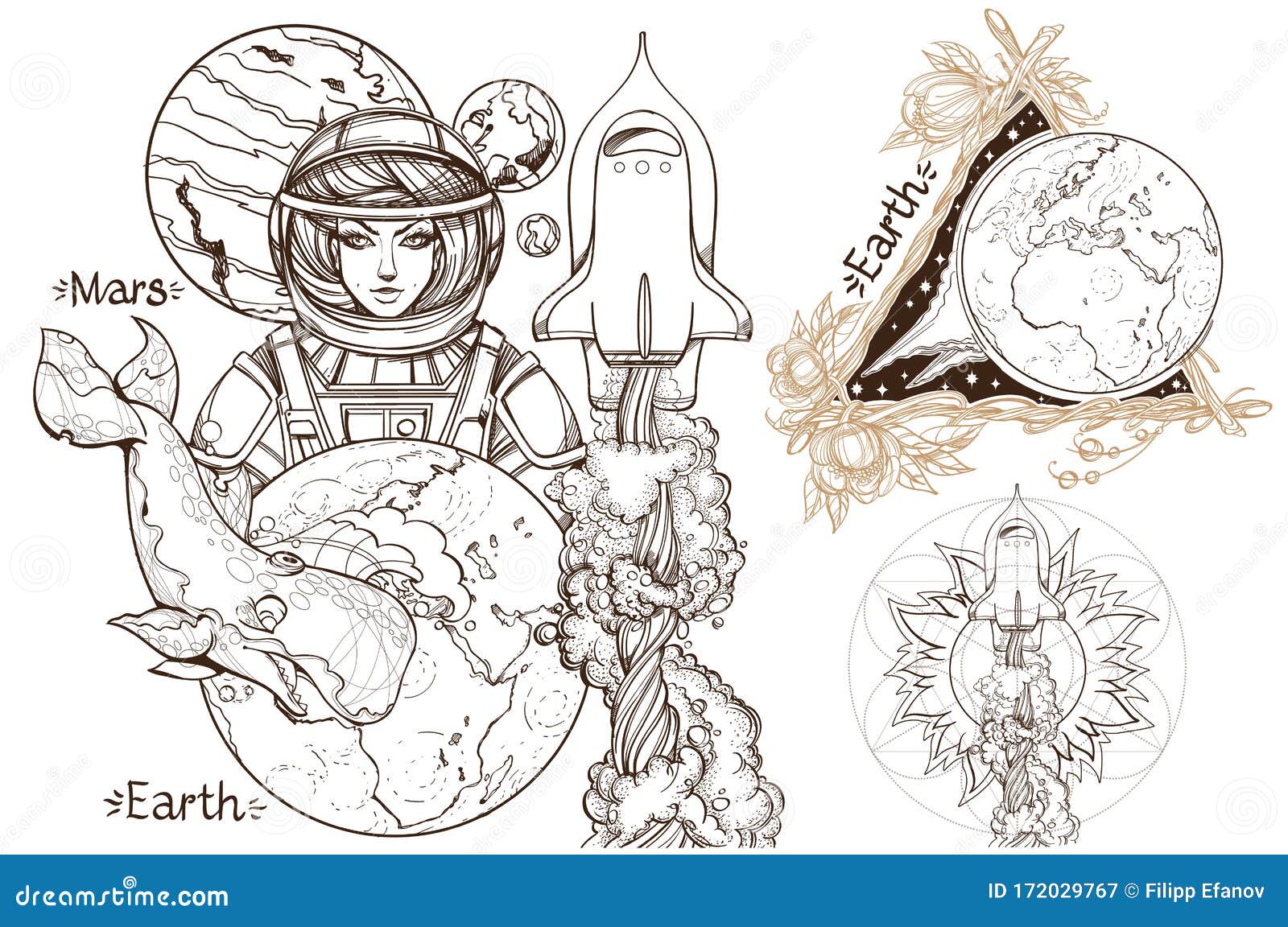 Space. a Set of Outline Illustrations with Sketches of Tattoos Stock ...