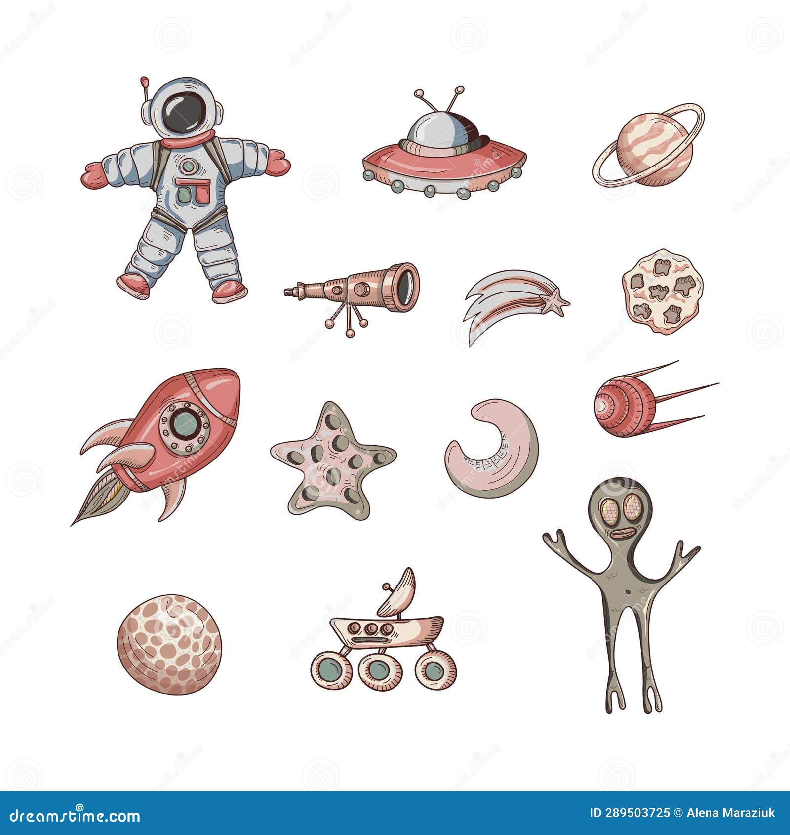 Space. Set of Space Icons and Elements. All Objects Separate. Vector Illustration. Hand-drawn ...