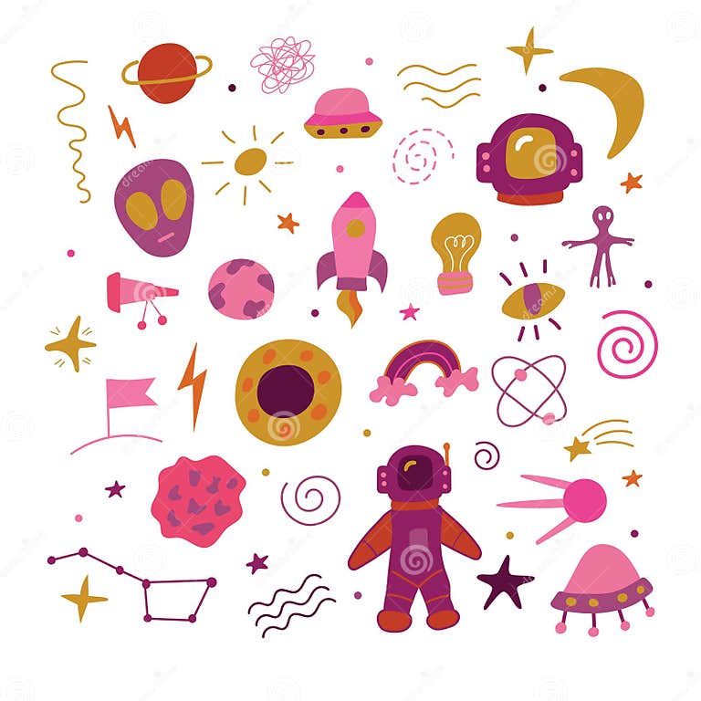 Space. Set of Space Icons and Elements. Doodle. All Objects Separate. Vector Illustration. Hand ...