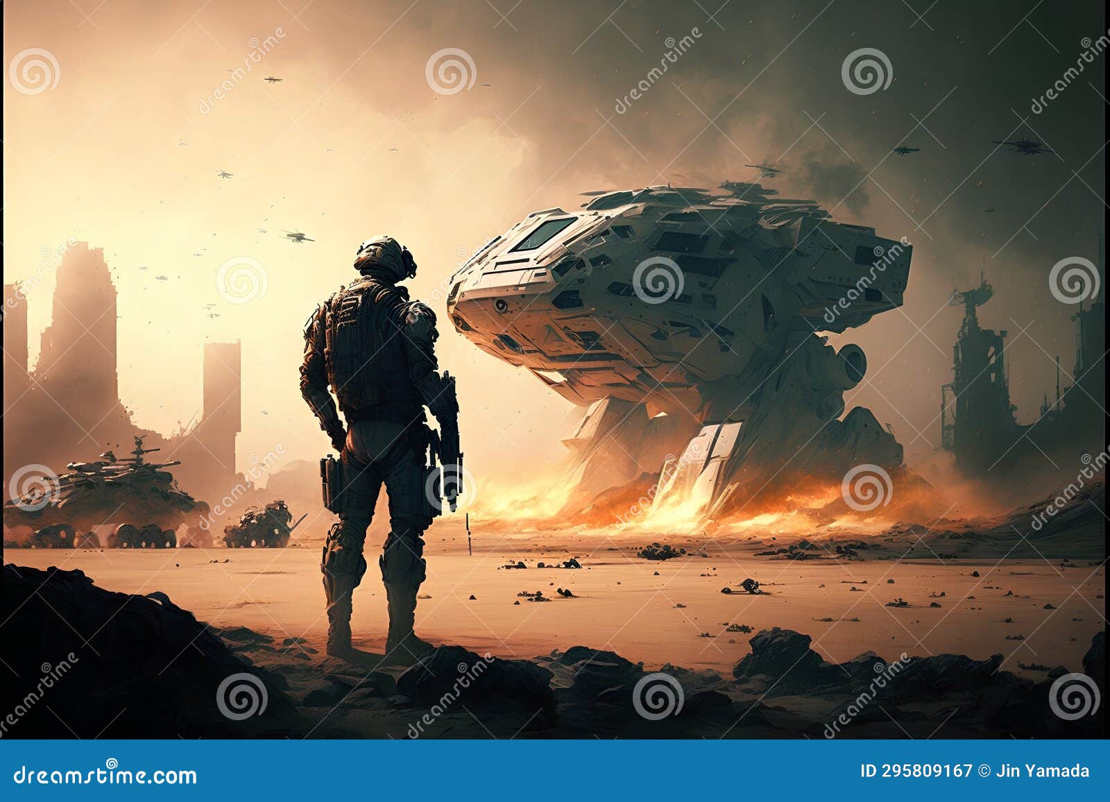 Space Ship in the Destroyed City. Digital Painting. 3D Illustration ...