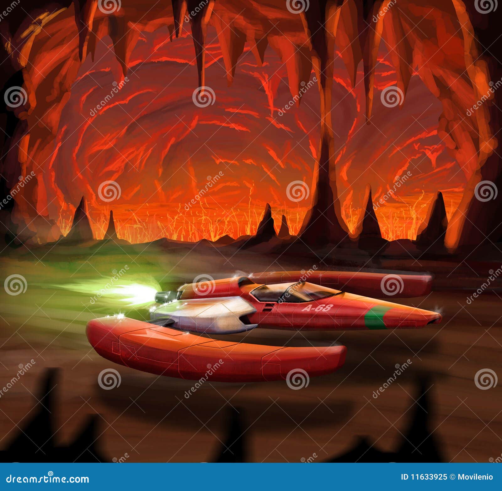 Space Ship Escaping from Volcano Stock Illustration - Illustration of ...