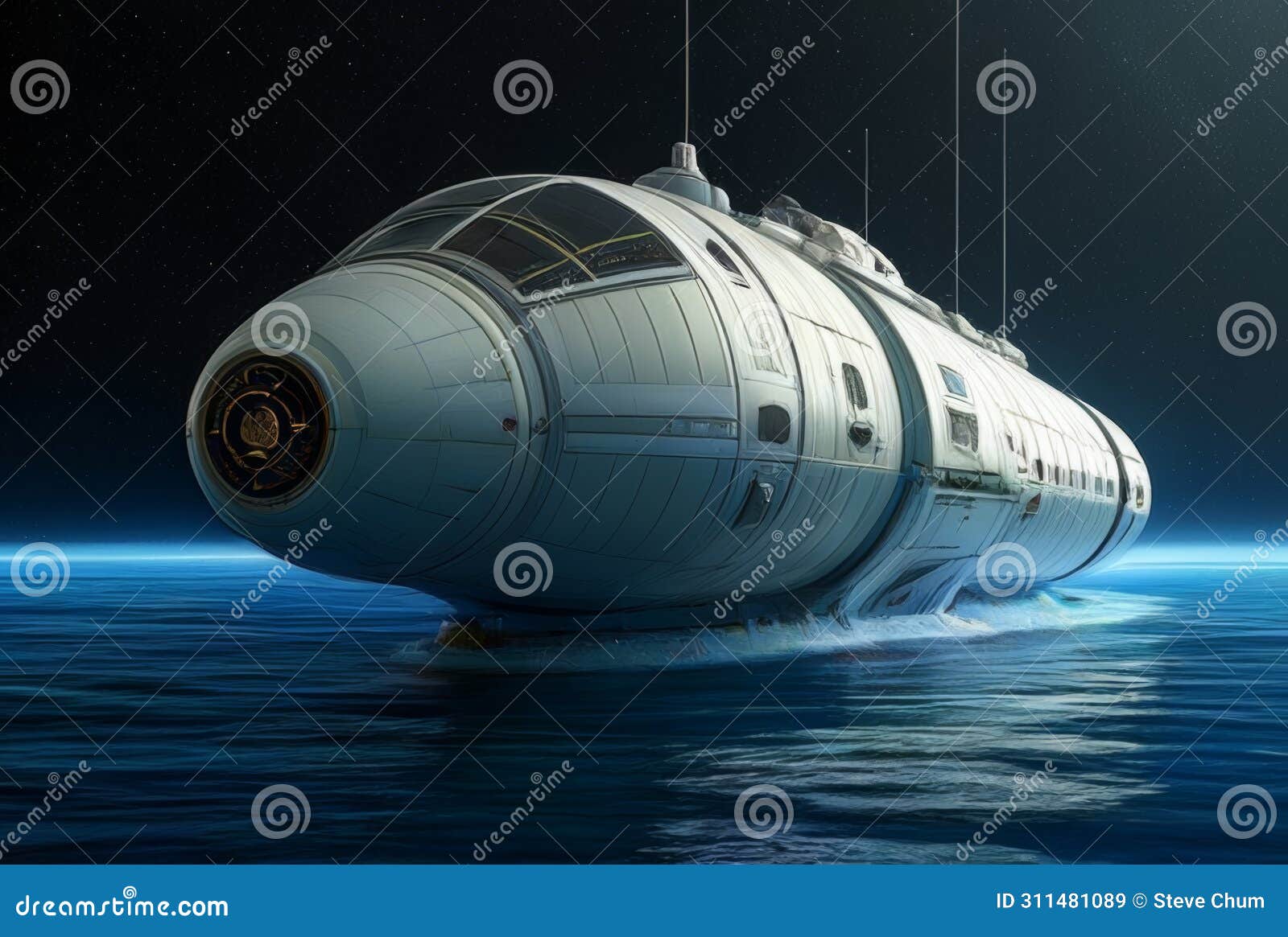 Space Ship Floating on the Surface of the Ocean. 3D Rendering Stock ...