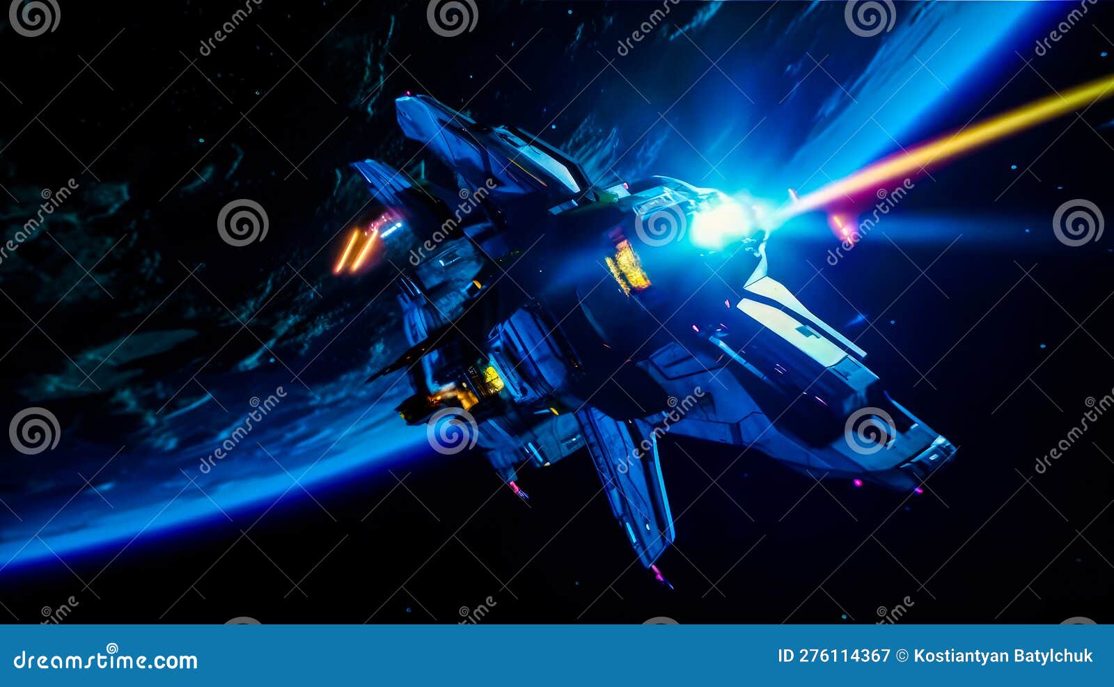 Space Ship Flying through the Air with Bright Beam Coming Out of it ...