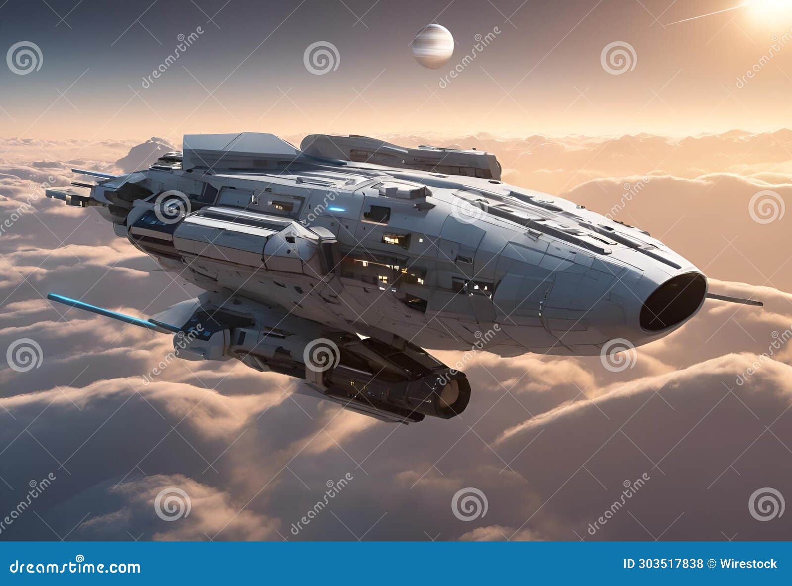 A Space Ship Flying Over the Clouds at Sunset with an Earth Sphere in ...