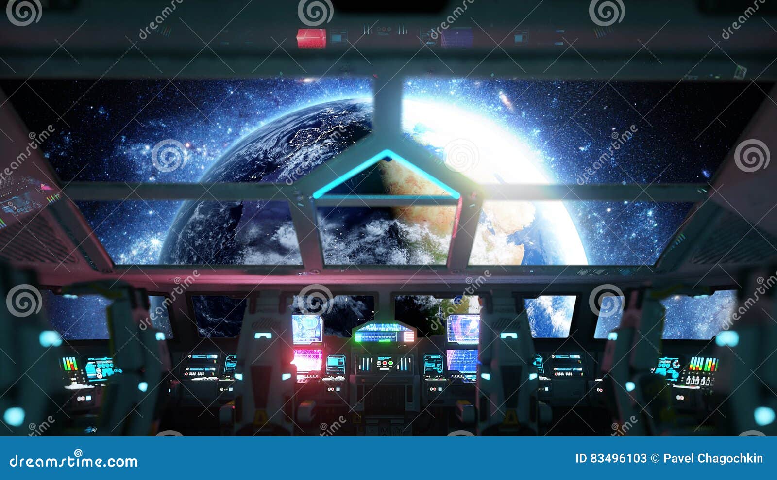 Space Ship Futuristic Interior. Cabine View. Galactic Travel Concept ...