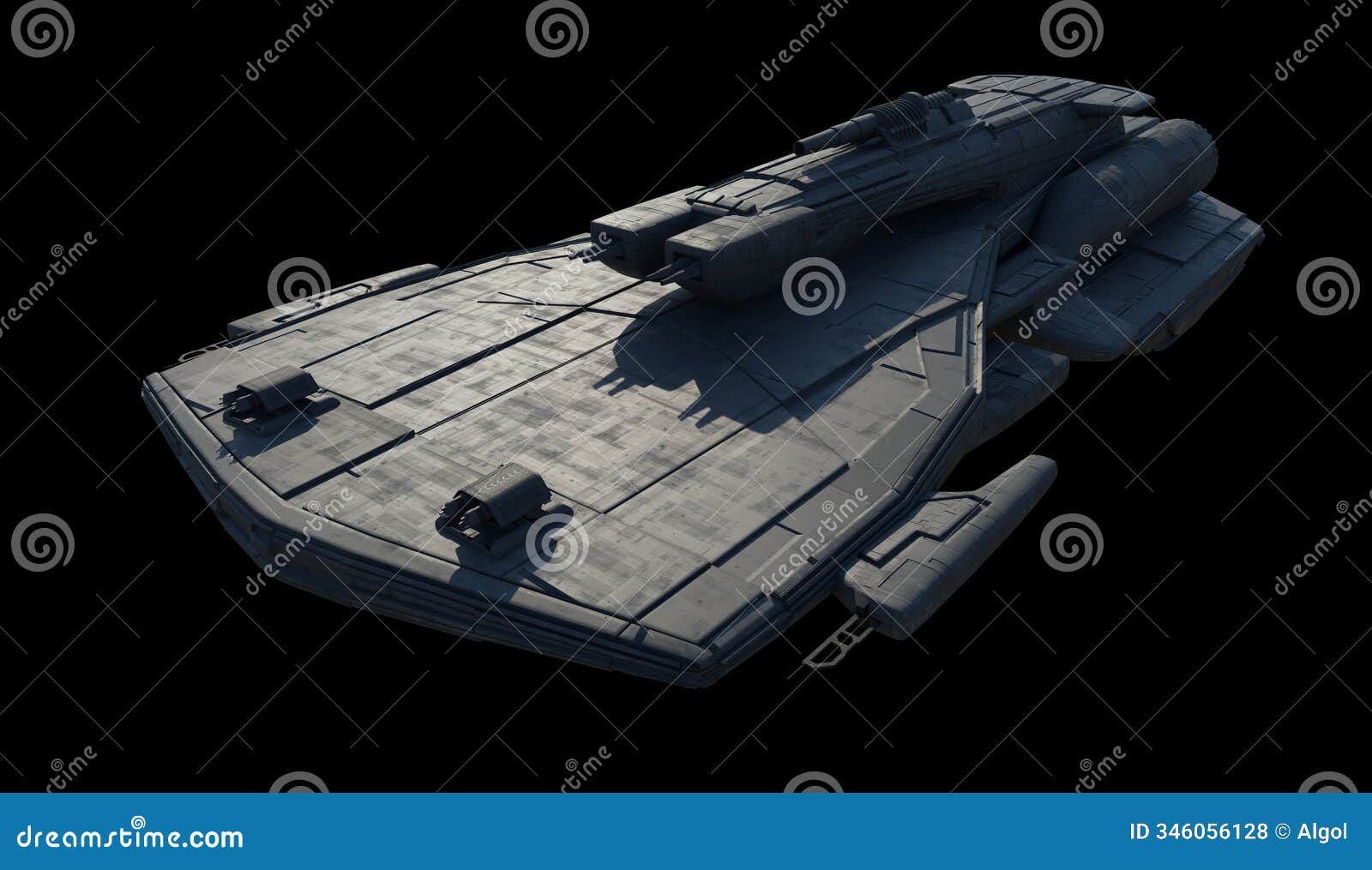 Space Ship with Multiple Gun Turrets on a Black Background, Diagonal ...