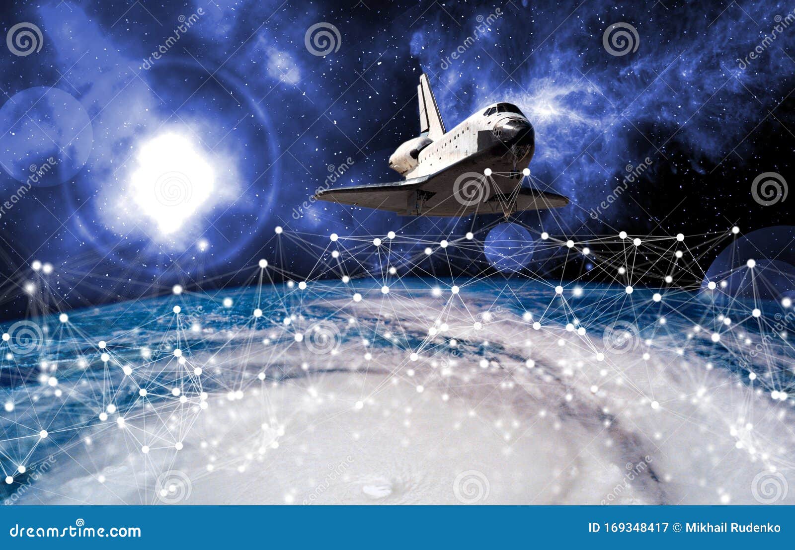 Space Ship Shuttle on the Earth Orbit in Atmosphere. Flying in Outer ...