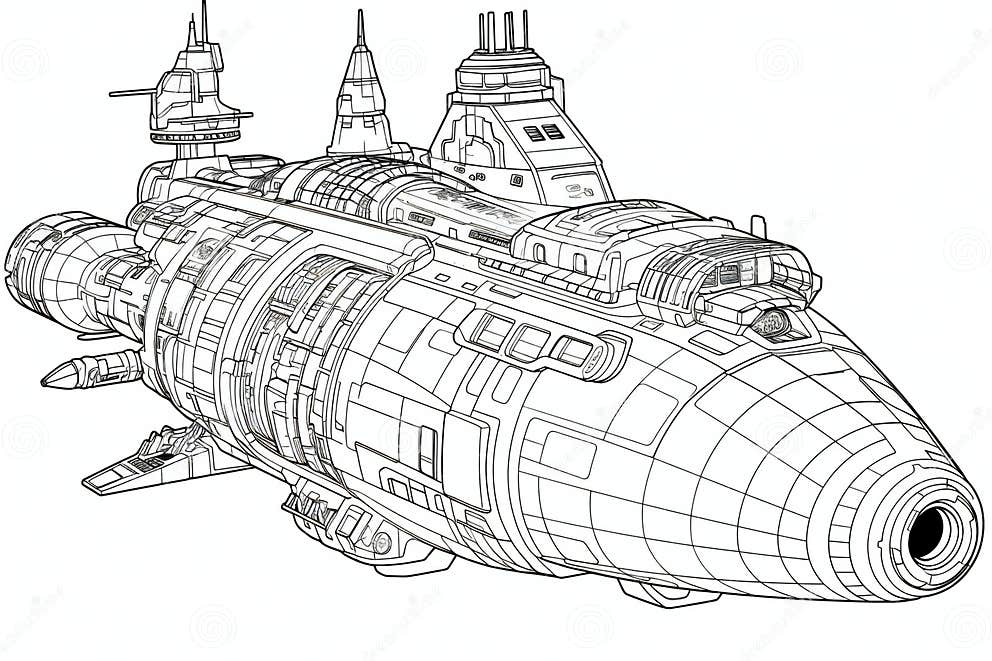 Space Ship, Wire-frame, the Layers of Visible and Invisible Lines are ...