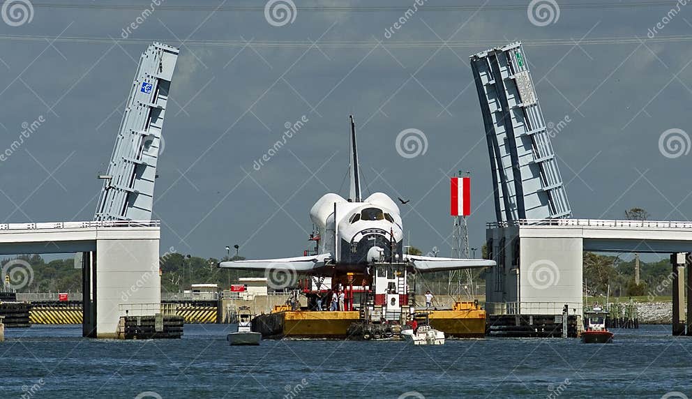 Space shuttle on barge editorial stock photo. Image of waterway - 24936773