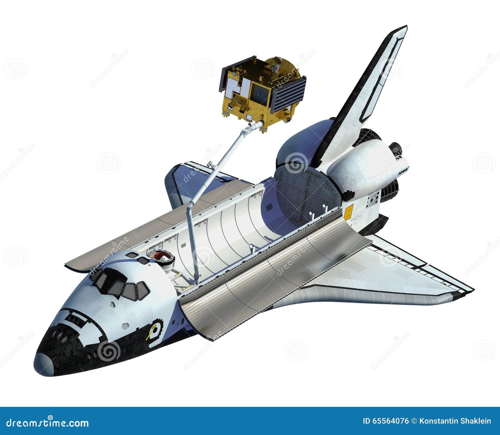 Space Shuttle Deploying Satellite on White Background Stock ...