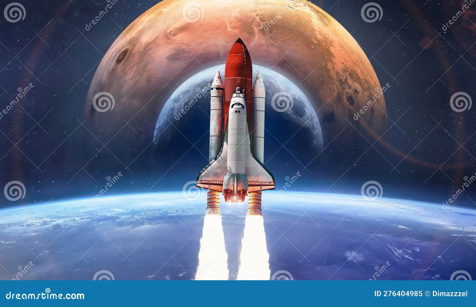 Space Shuttle, Earth, Moon and Mars in Deep Space. Solar System Planets ...