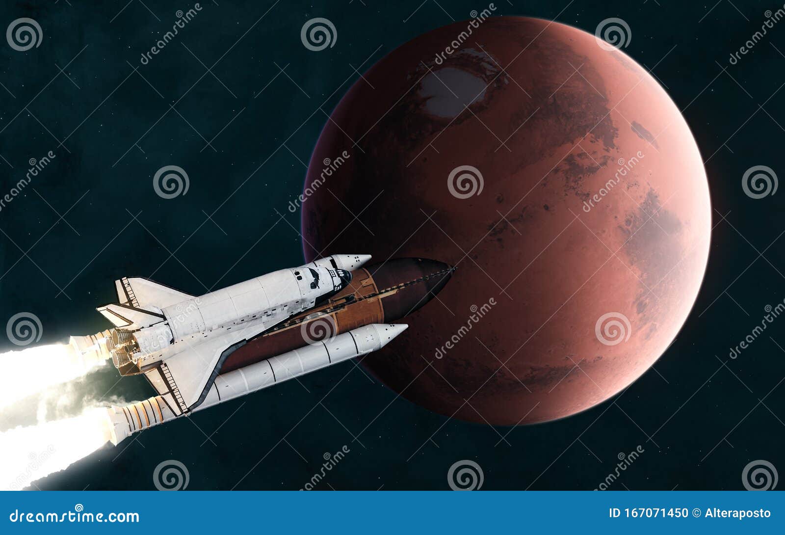 Space Shuttle Flies in Front of Mars. Solar System. 3D Render Stock ...