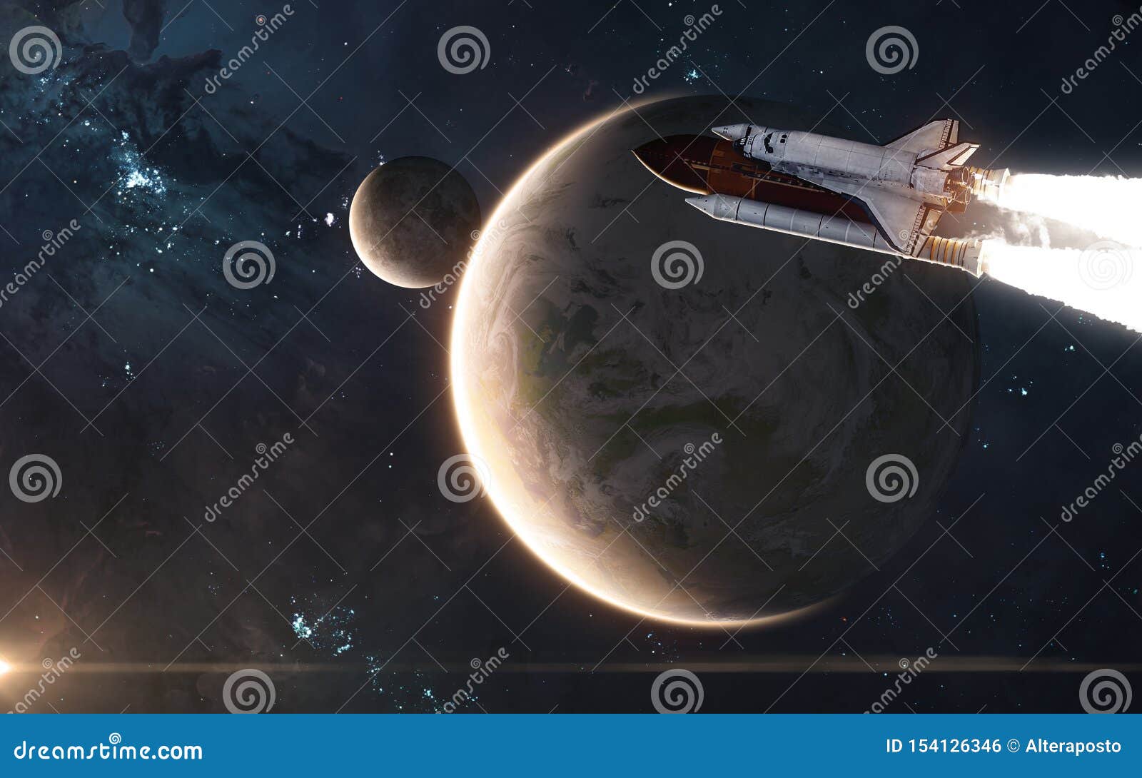 Space Shuttle is Flying in Front of Earth and Moon. Solar System Stock ...