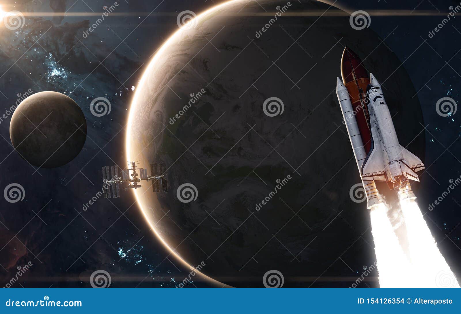 Space Shuttle, ISS, Planet Earth and Moon. Solar System Stock Photo ...