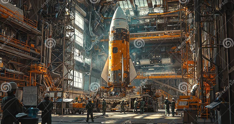Space Shuttle in Large Industrial Hangar with Engineers and Technicians ...