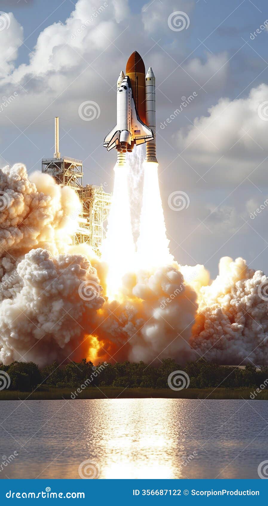 A Powerful Space Shuttle Launch, Blazing Into The Sky Amongst ...