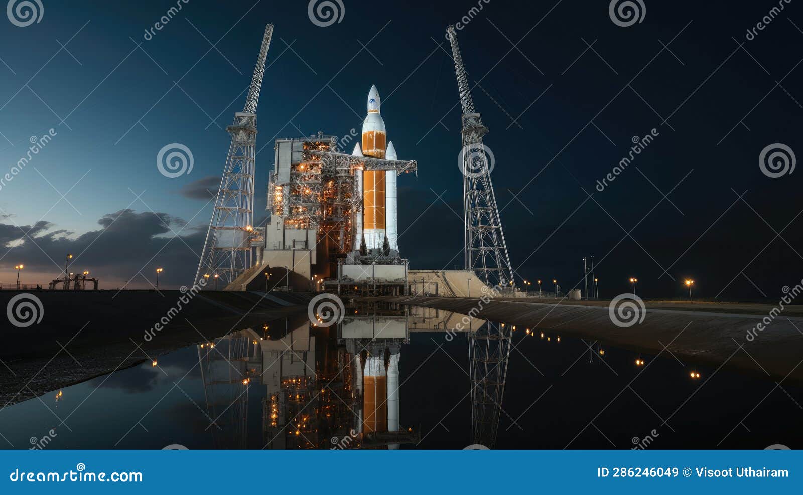 Space Shuttle at Launch Pad at Night Stock Illustration - Illustration ...