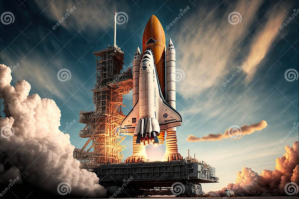 Space Shuttle Launch, Rocket on Launchpad Stock Illustration - Illustration of discovery ...