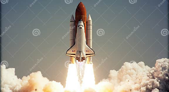 Space Shuttle Launch with Smoke and Flames, Isolated on White ...